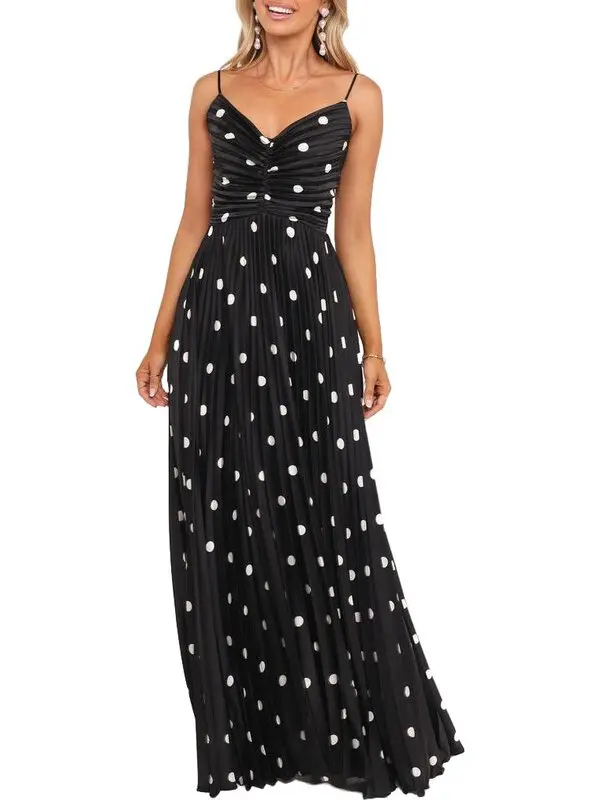 PETAL & PUP Naira Dot Pleated Maxi Dress - Black Polka Dot