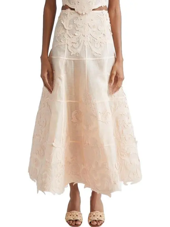 Zimmermann Rebellion Filigree Linen & Silk Midi Skirt - Peach