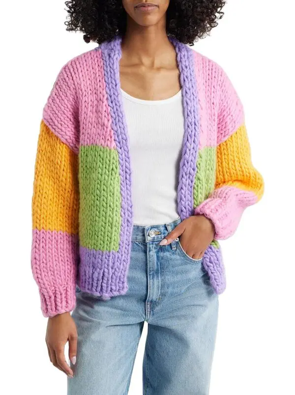 ROFFE ACCESSORIES Colorblock Chunky Knit Cardigan - Green