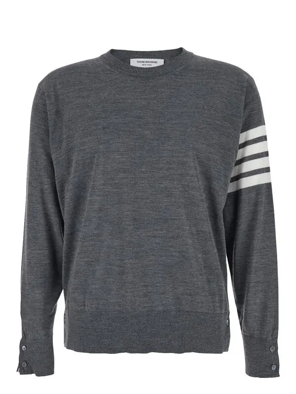 Thom Browne Crew Neck Sweater With 4-bar Detail - Grey