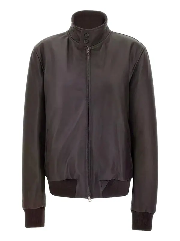 STEWART Ribbed-trim Leather Jacket - Brown