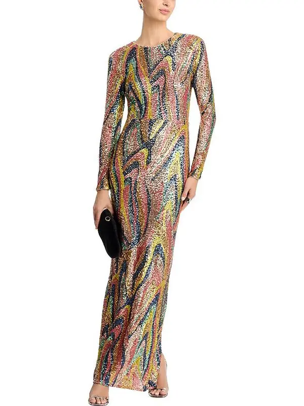 Aqua Long Sleeve Sequin Swirl Maxi Dress - Multi