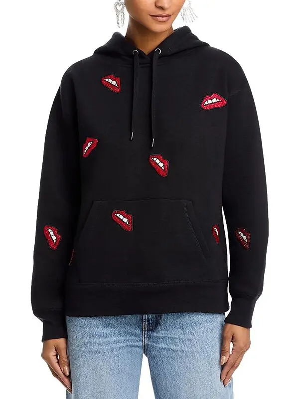 Aqua Embellished Lips Hoodie - Black