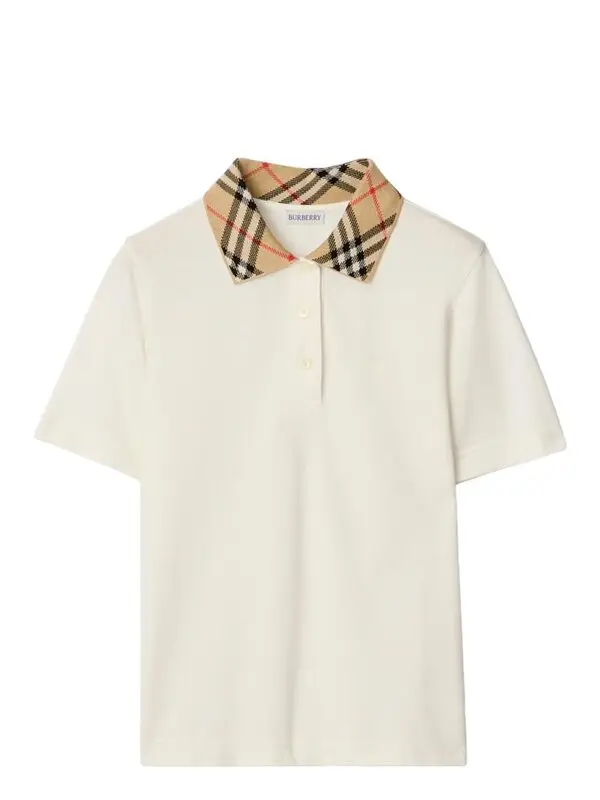 Burberry Check Collar Cotton Polo Shirt - Chalk White