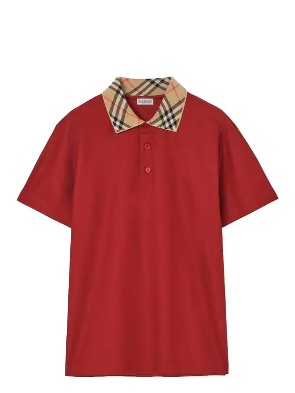 Burberry Check Collar Cotton Polo Shirt - Vineyard Red
