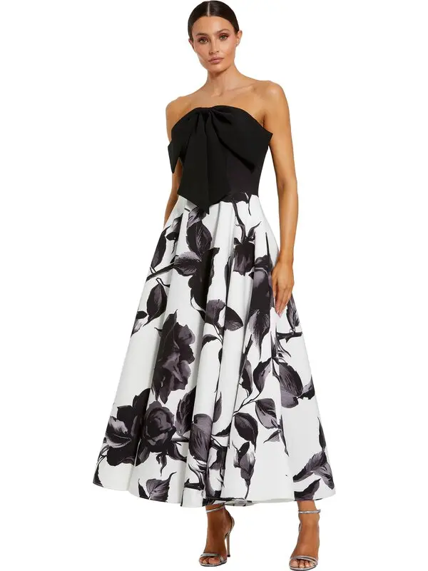 Mac Duggal Strapless Floral Midi Dress With Bow - Black Multi