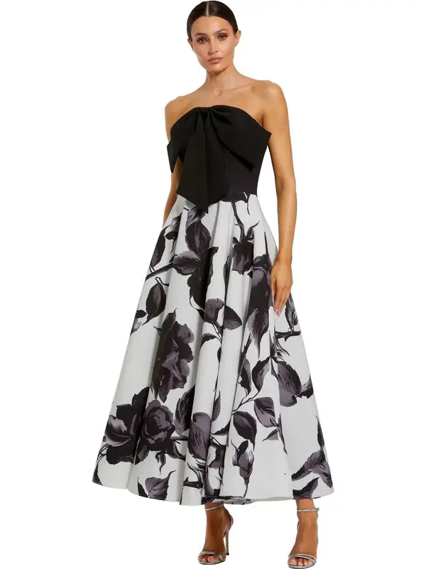Mac Duggal Strapless Midi Dress With Floral Print And Bow - Black Multi