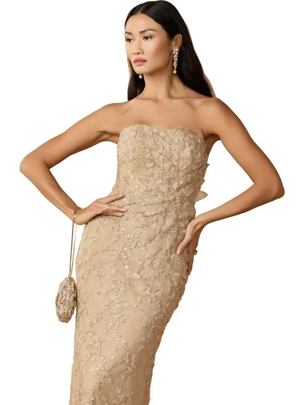 Mac Duggal Embellished Lace Trumpet Gown - Gold