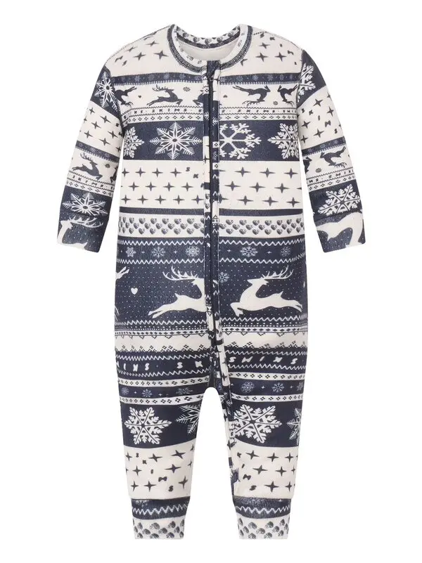 SKIMS Logo Plush Pointelle Fair Isle Baby Onesie - Navy Deer Fairisle