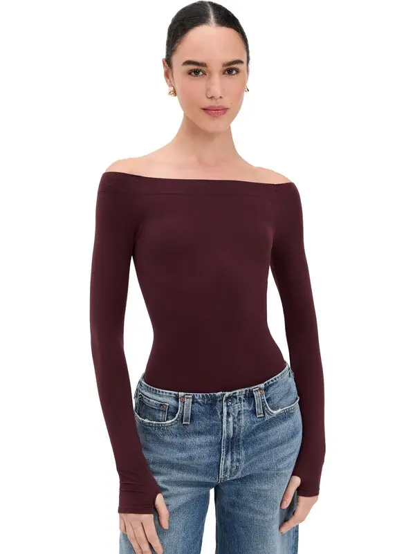 Commando Ballet Off-shoulder Bodysuit With Thumbholes - Raisin
