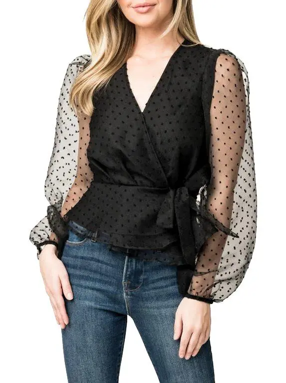 GIBSONLOOK Velvet Dot Organza Wrap Top - Black Dot