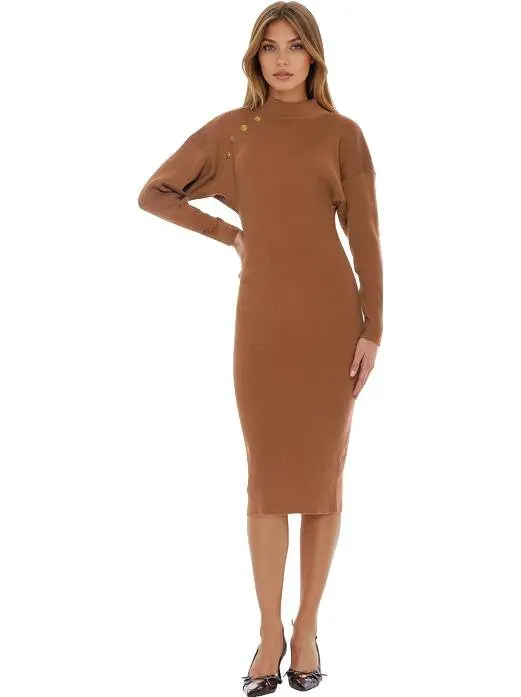 ALEXIA ADMOR Mockneck Dolman Sleeve Midi Knit Dress - Camel