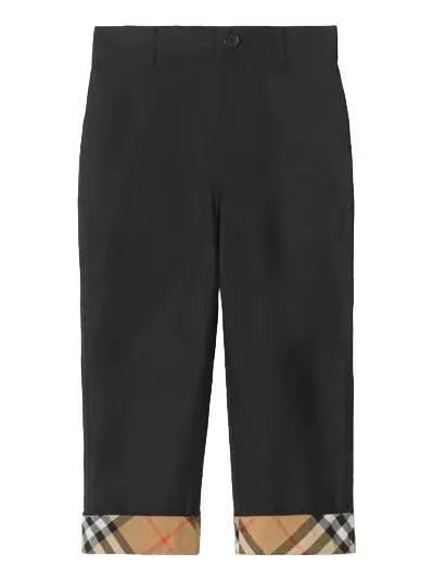 Burberry Check Turn-up Cotton Trousers - Black