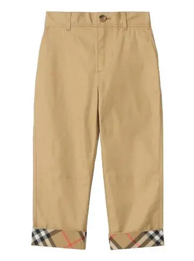Burberry Check Turn-up Cotton Trousers - Sand Beige