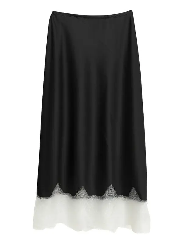 Baacal Satin Bias Skirt With Lace Trim - Black/white