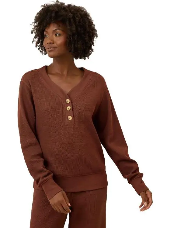 PACT Thermal Waffle Henley Pullover - Mahogany Brown