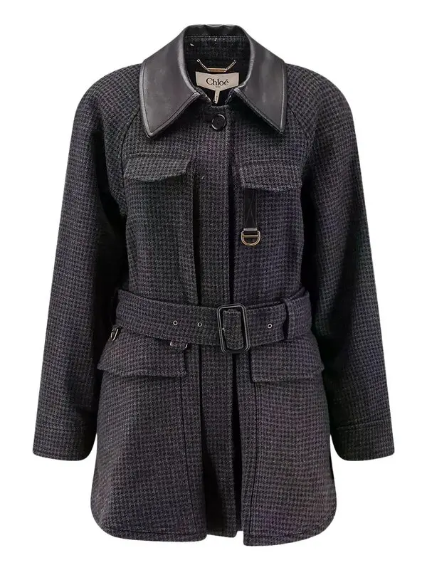Chloé Houndstooth Trench With Leather Collar - Grey