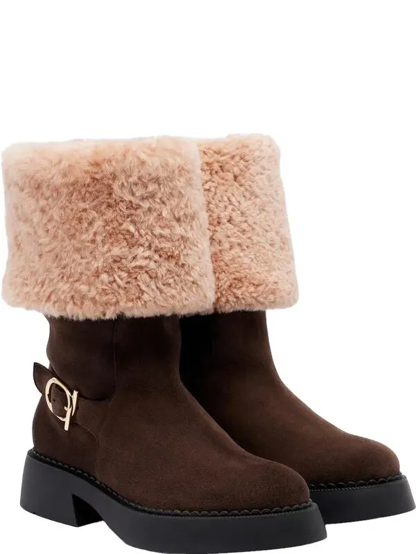 FERRAGAMO Zaki Shearling-lined Suede Boots - Brown