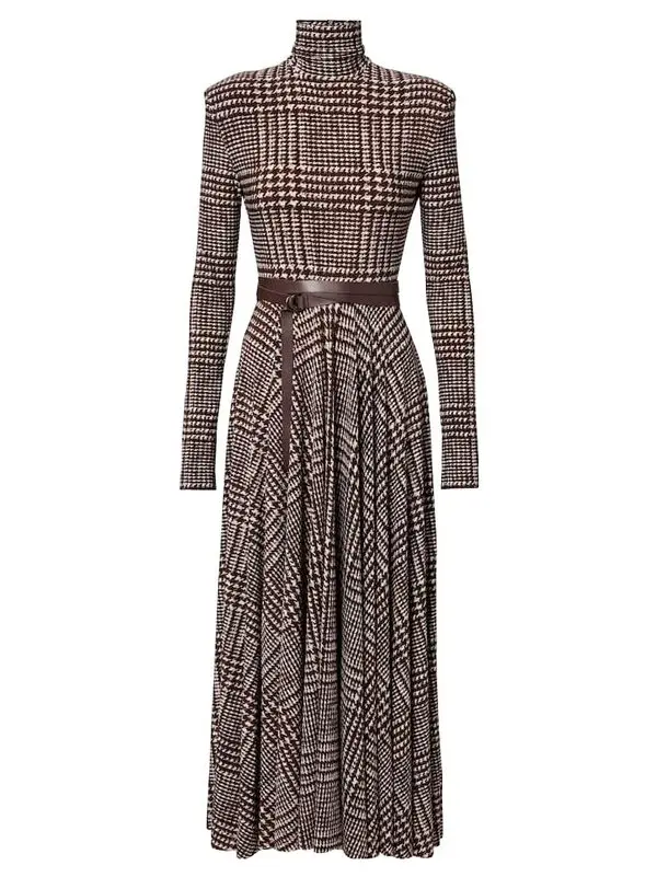 Norma Kamali Belted Houndstooth Turtleneck Midi Dress - Brown