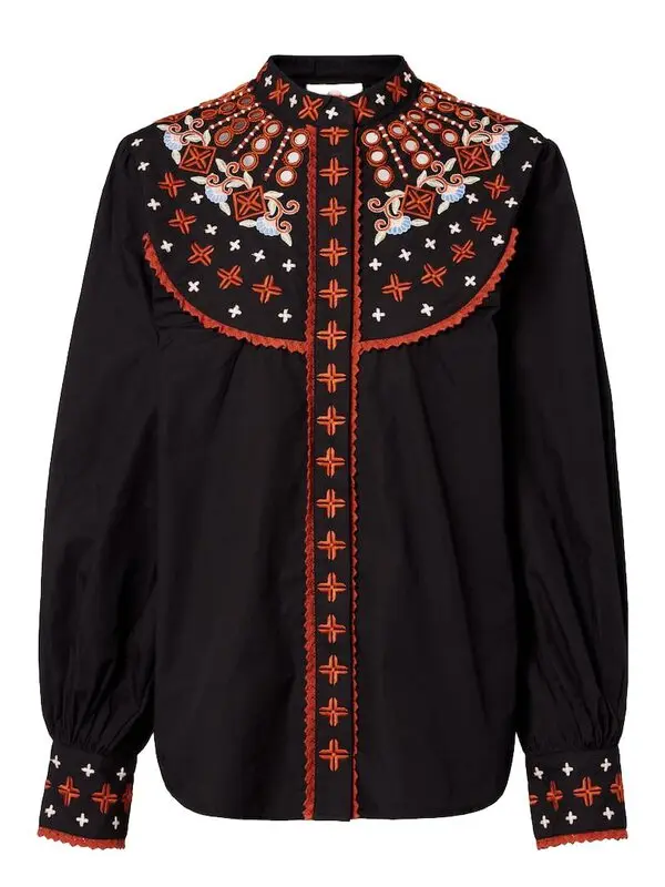 Farm Rio Embroidered Cotton Shirt - Black