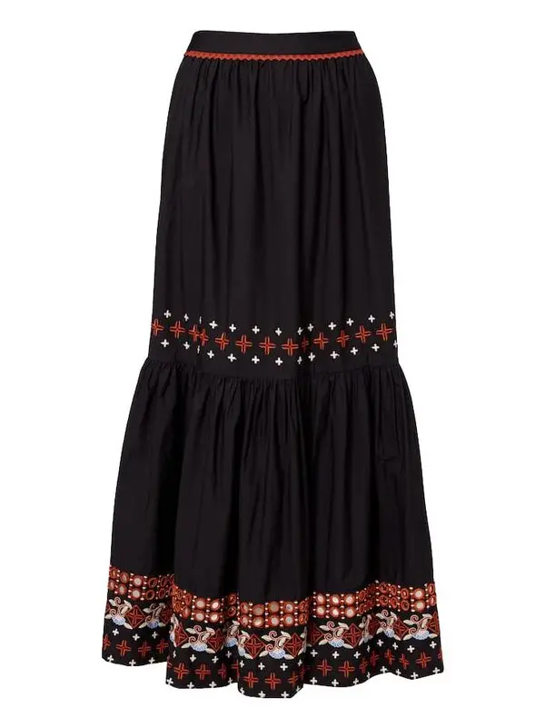 Farm Rio Embroidered Cotton Maxi Skirt - Black