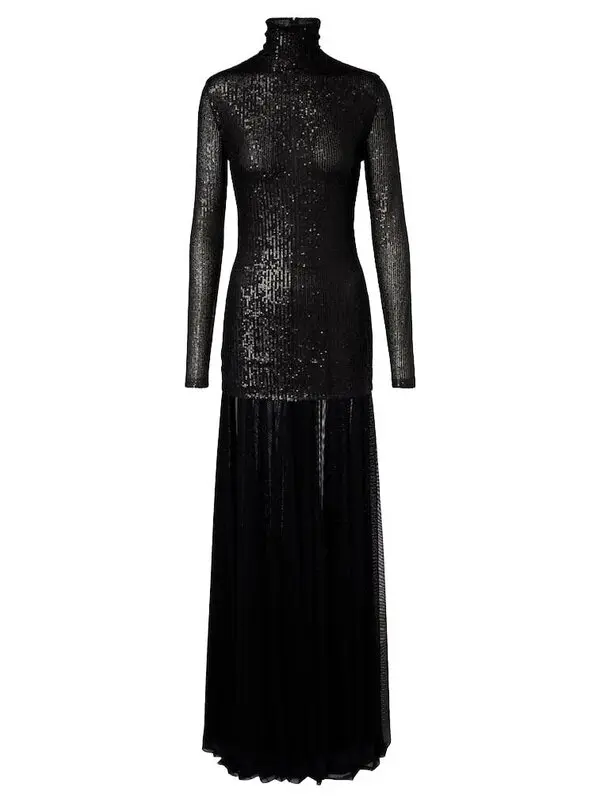 Norma Kamali Sequined Mesh Turtleneck Gown - Black