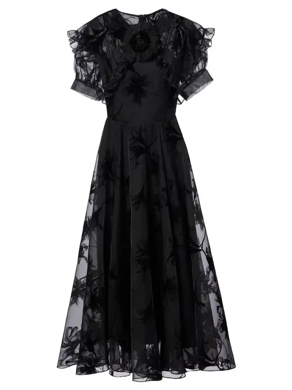 RODARTE Ruffled Floral Organza Midi Dress - Black