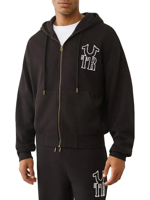 True Religion Rib Stitch Boxy Fit Zip Hoodie - Jet Black