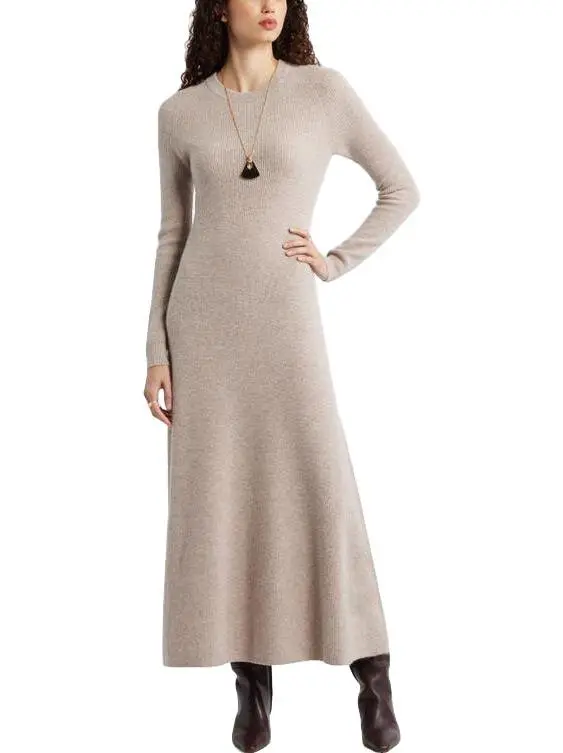 Nordstrom Long Sleeve Wool & Cashmere Rib Maxi Dress - Tan Etherea Heather
