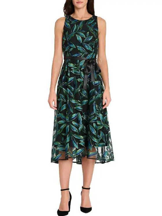 TAHARI ASL Embroidered Leaf Midi Dress - Black Jewl Teal