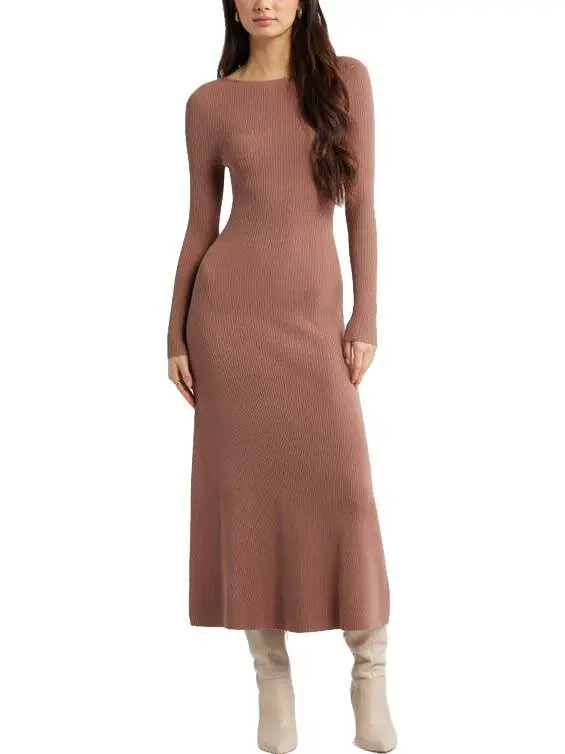 OPEN EDIT Long Sleeve Rib Maxi Dress - Brown Topaz