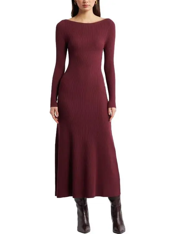 OPEN EDIT Long Sleeve Rib Maxi Dress - Burgundy Tannin