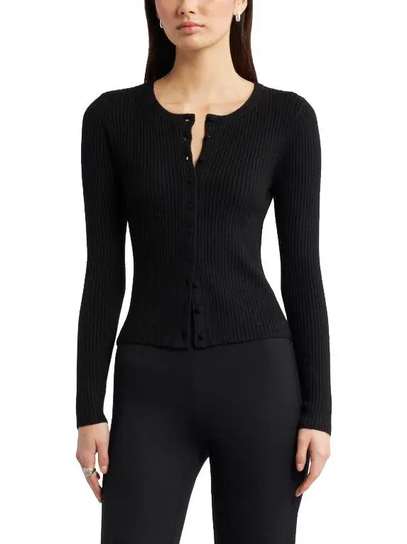 OPEN EDIT Ribbed Crewneck Cardigan - Black