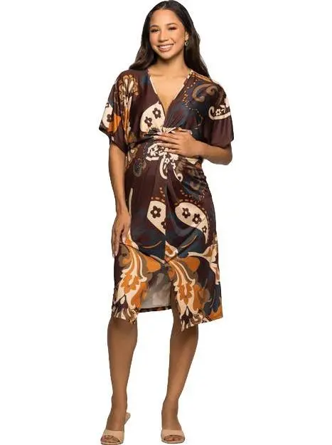 24SEVEN COMFORT APPAREL Knot Front Maternity Midi Dress In Paisley Print - Brown Multi