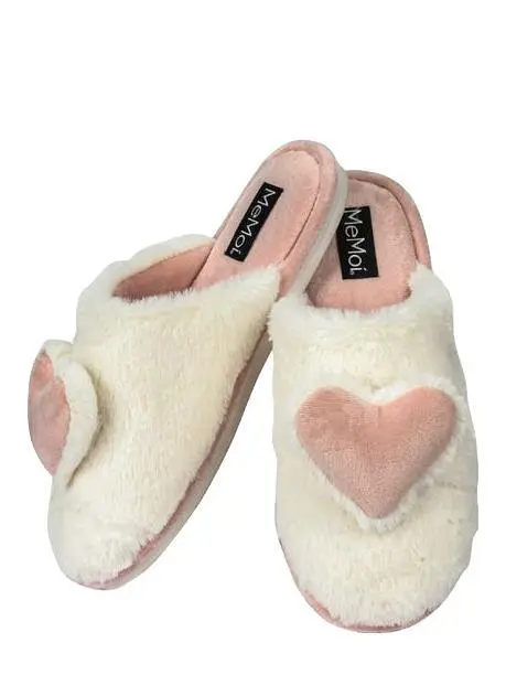 MEMOI 3d Heart Plush Faux-fur Slippers - Ivory