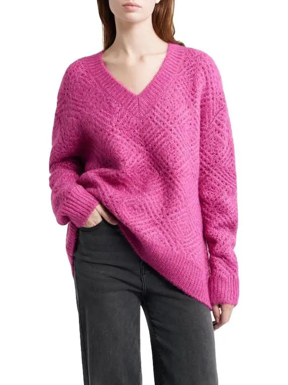 Treasure & Bond Diamond Stitch V-neck Sweater - Pink Fuchsia