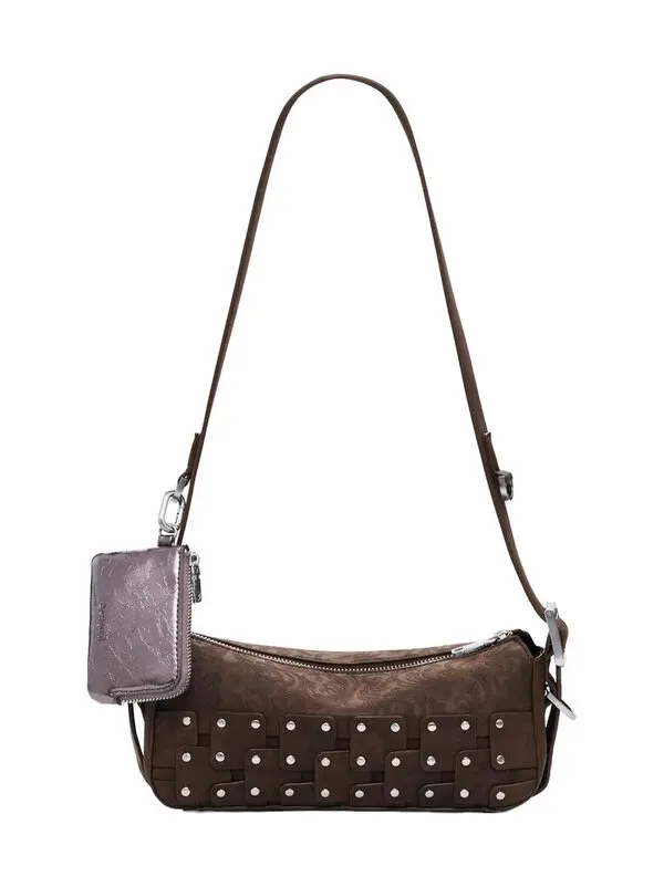 Desigual Studded Patchwork Faux Leather Baguette Bag - Dark Brown