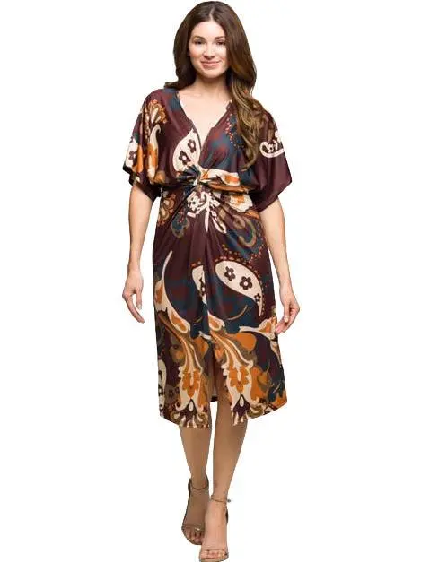 24SEVEN COMFORT APPAREL Knot Front Paisley Print Midi Dress - Brown Multi
