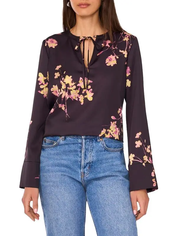 Vince Camuto Floral Split-neck Top - Rich Black