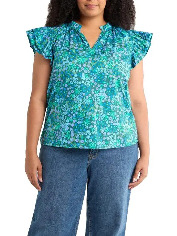 SUGARLIPS Floral Ruffle Top - Emerald Green/blue