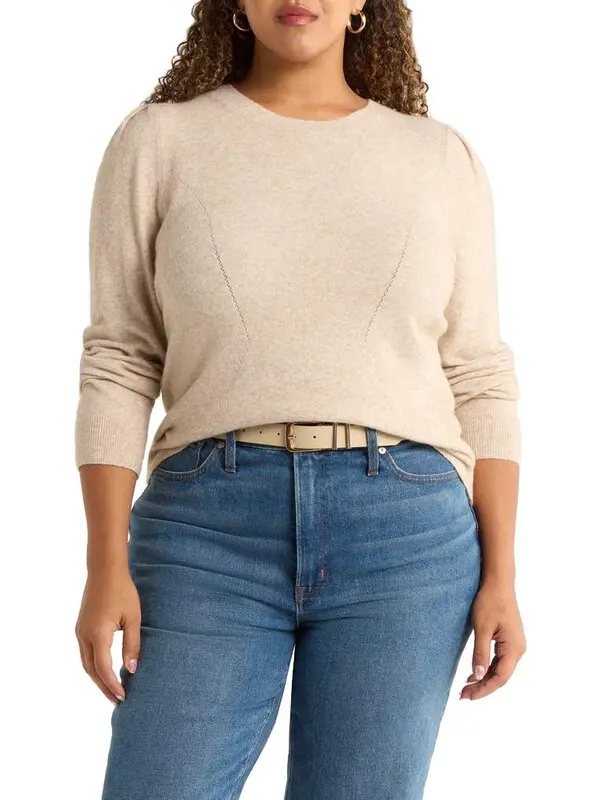 Caslon Pointelle Detail Crewneck Sweater - Tan Doeskin Heather