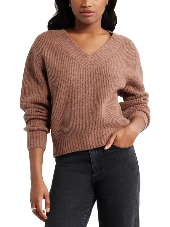 OPEN EDIT Ribbed V-neck Sweater - Brown Topaz