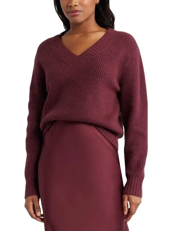 OPEN EDIT Ribbed V-neck Sweater - Burgundy Tannin