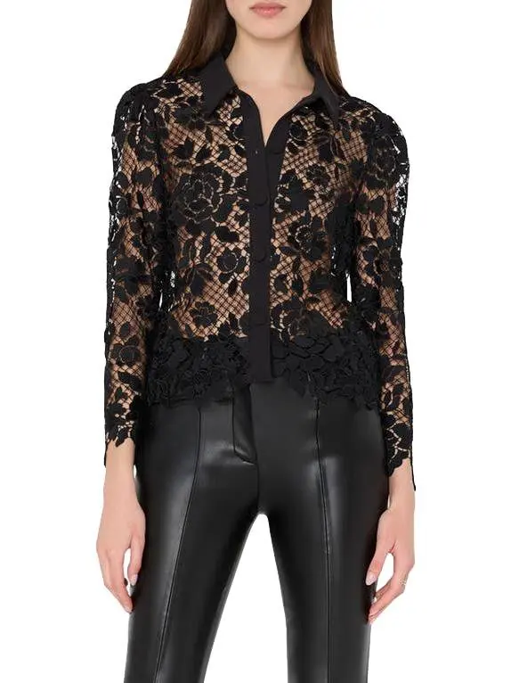 MILLY Floral Lace Semisheer Shirt - Black