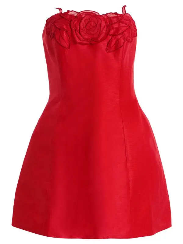 LEO LIN Exclusive Rosario Appliquéd Linen Bustier Mini Dress - Red