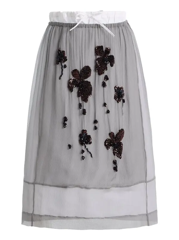 Prada Embroidered Silk Chiffon Midi Drawstring Skirt - Grey
