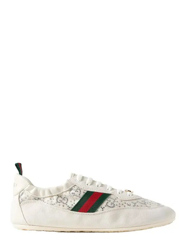 Gucci Swift Webbing And Leather-trimmed Embellished Mesh And Suede Sneakers - Off-white