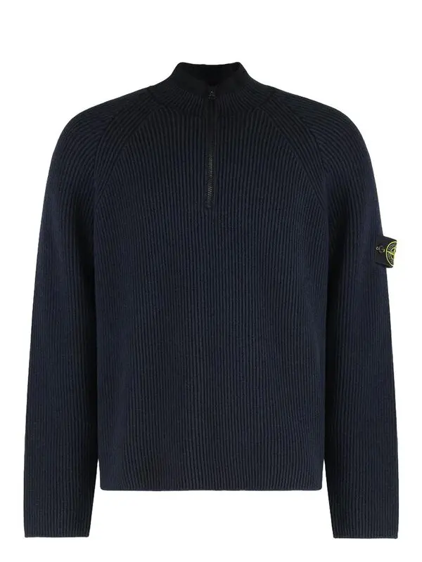 Stone Island Wool Sweater With Quarter Zip - Blue