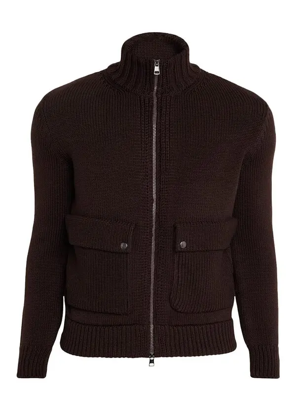 Moncler Wool Knit Cardigan With Quilted Back - Brown
