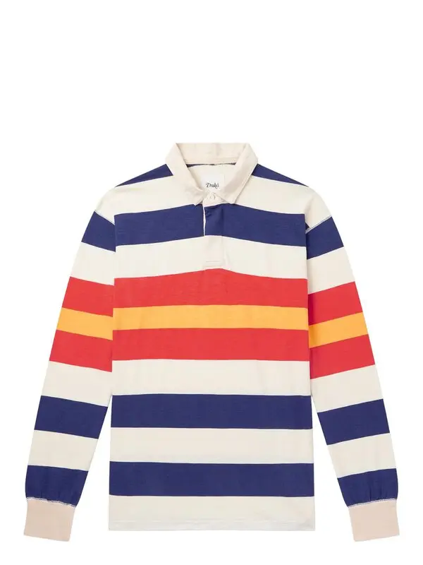 DRAKE'S Striped Cotton-jersey Polo Shirt - Blue